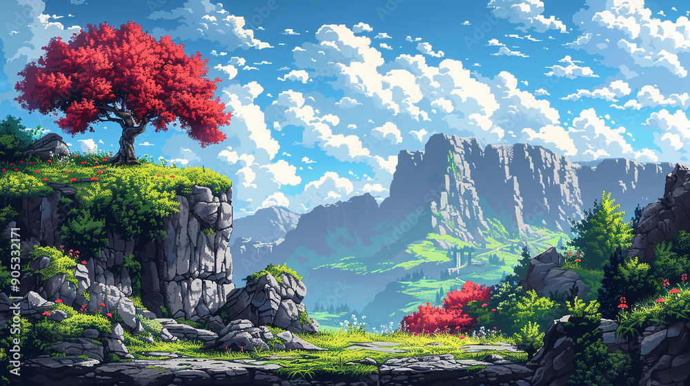 8 bit pixel art of a parallex background, land 2 billion years ago. for ...