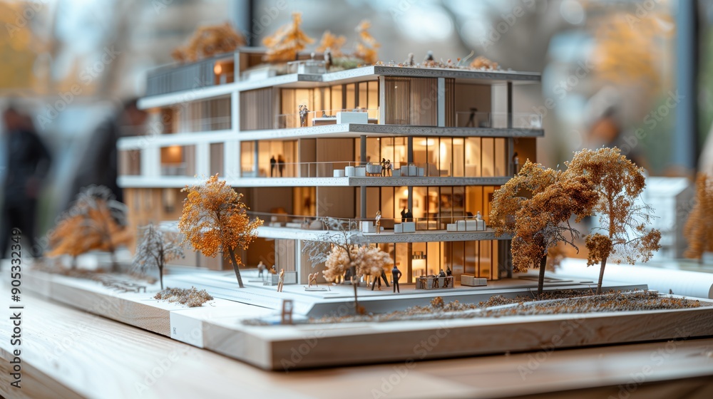 Modern architectural model with miniature figures. Intricate model of a ...