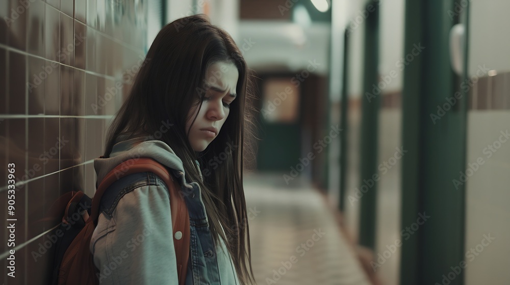 Sad lonely and girl with depression at school crying and anxiety after ...