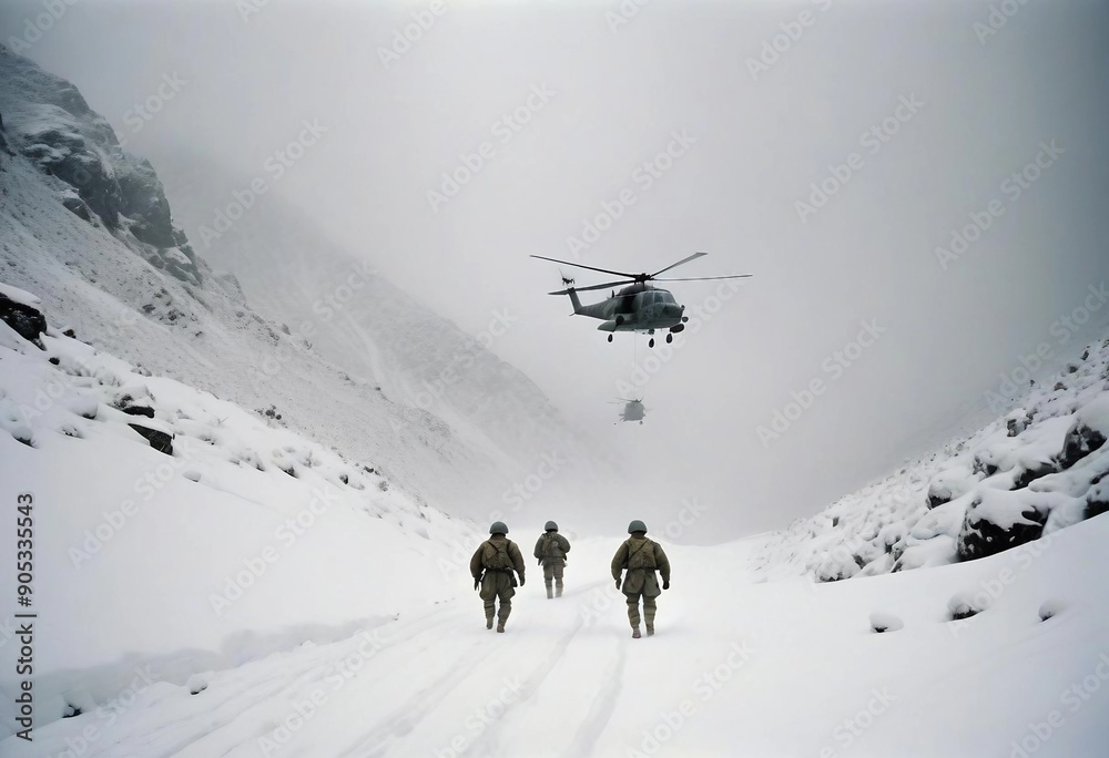 A military helicopter flies low over a snowy mountain pass in a ...