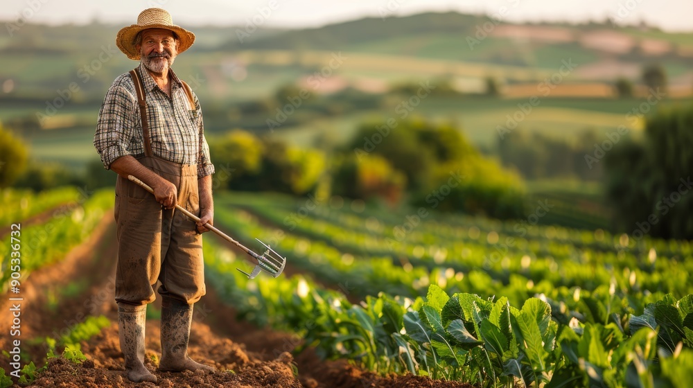 Older Farmer Standing Proudly in Lush Vegetable Field During Golden ...