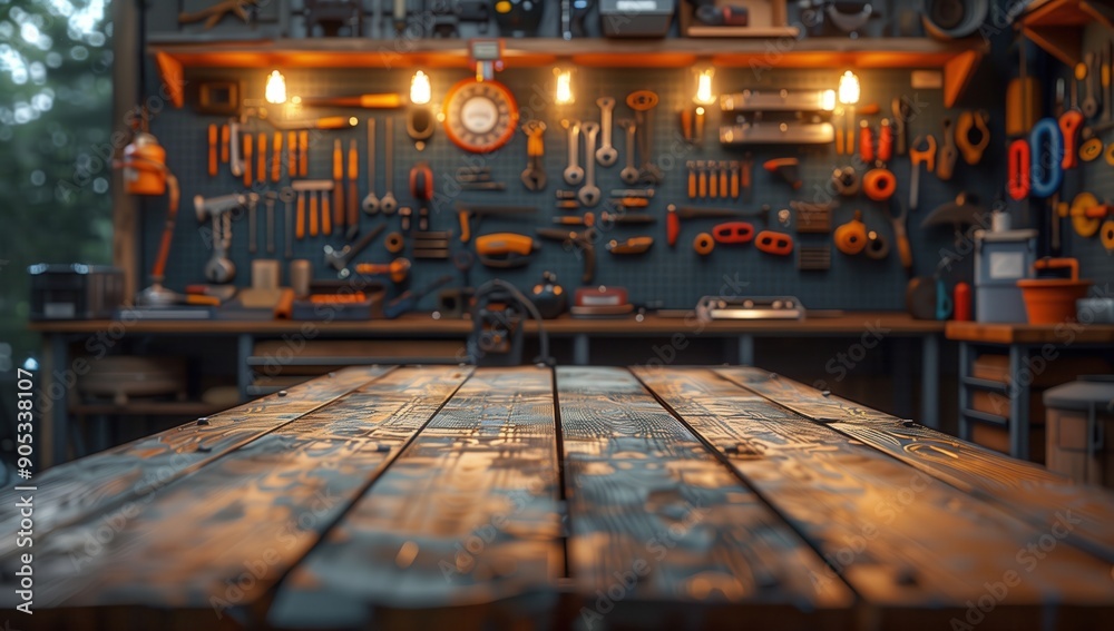 Rustic Workbench in Home Workshop. Rustic wooden workbench in a home ...