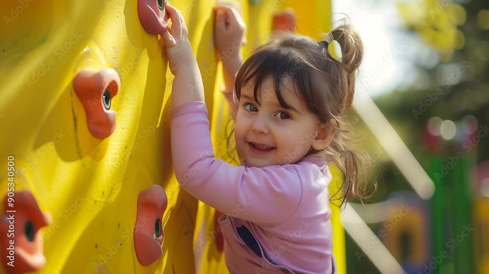 Little girl kid climbing wall at yellow playground park Child in motion ...