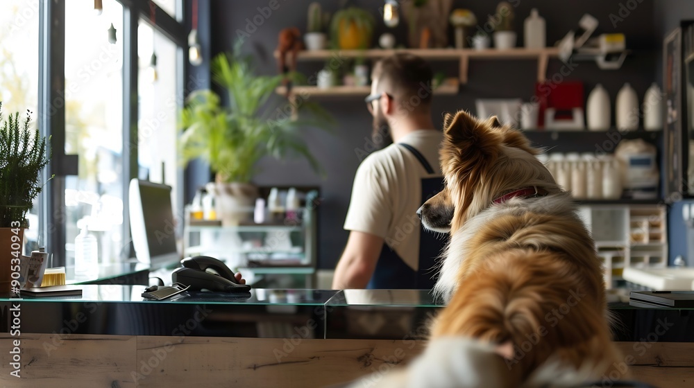 Man worker seen from behind talking about grooming services with a dog ...