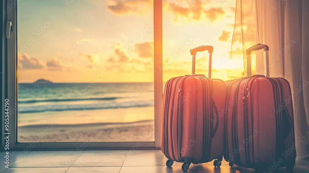 This image features packed suitcases on a hotel room floor, with the ...