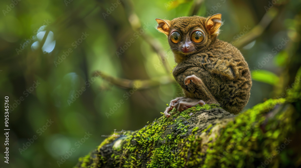 A stunning and rare Philippine tarsier perched on a moss-covered tree ...