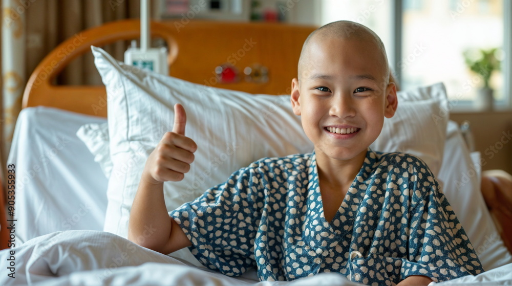 Happy young asian american patient showing thumbs up after chemotherapy ...