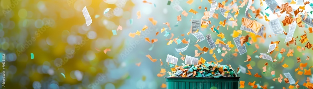 Abstract image of a trash can overflowing with confetti and paper ...