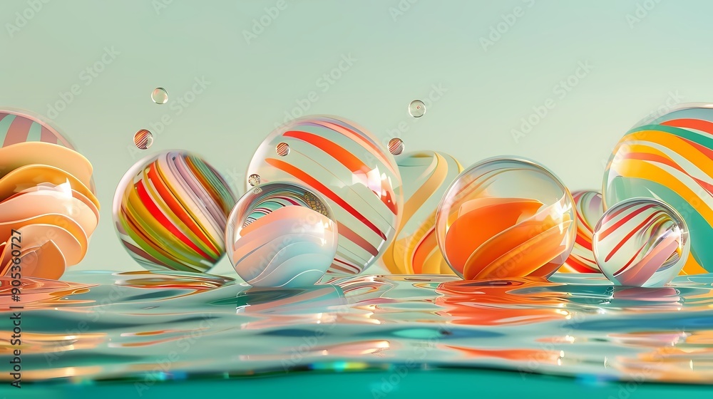 Colorful glass marbles floating on water surface with a soft background ...