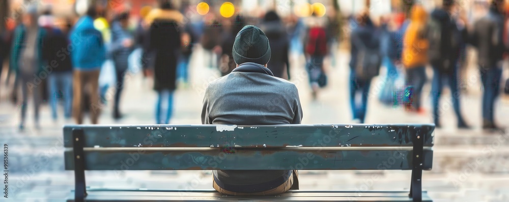 Person sitting on a bench, busy square background, urban life ...