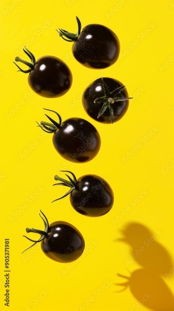 Falling Kumato Black Tomatoes and Cherries: Creative Fruit Composition ...