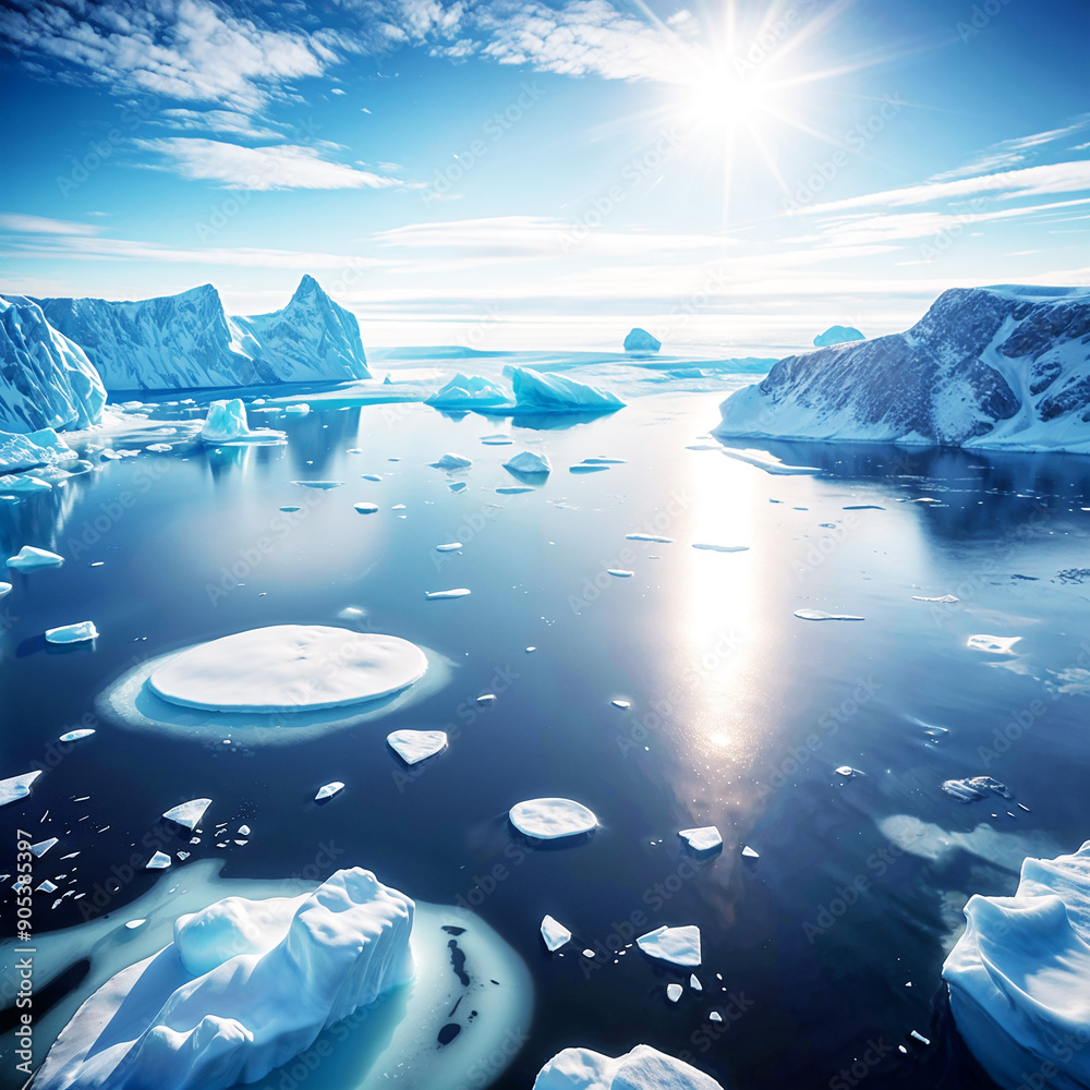 crisis The serene arctic landscape, Sea ice breaking under the bright ...