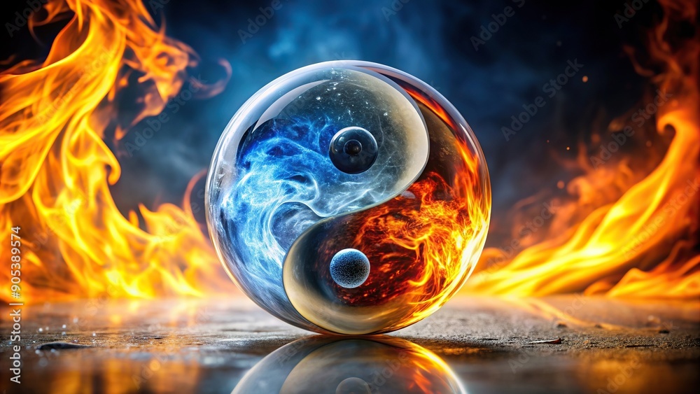 Yin Yang fusion of fire and ice captured in a crystal ball on a desktop ...