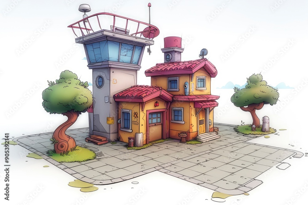Cartoon Illustration of a Small Town with a Control Tower, Buildings ...