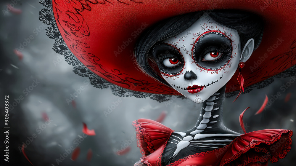 Striking Female Portrait of Dia de los Muertos La Catrina with Elegant ...
