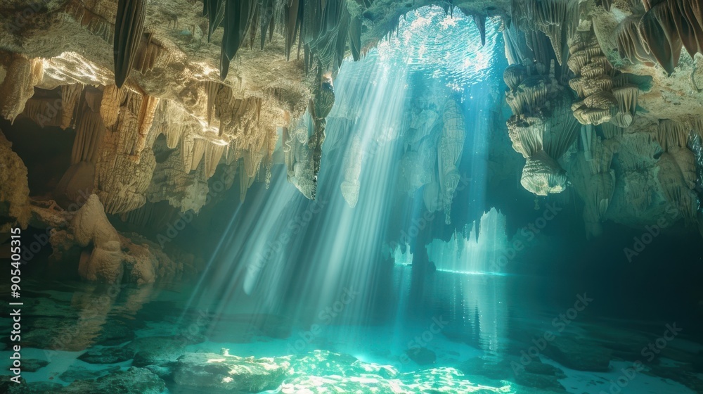 An underwater cave with crystal-clear water, stalactites and ...