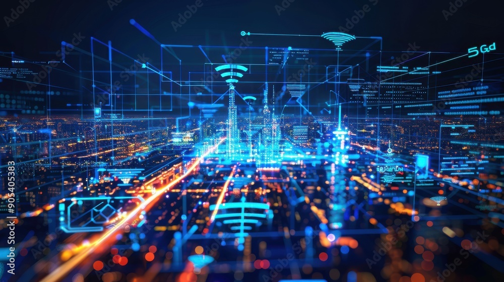 A 5G network infrastructure with antennas and signal towers, surrounded ...