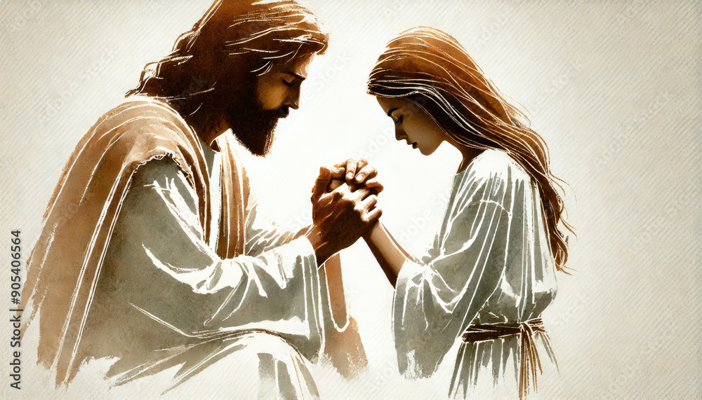 Jesus comforting the faithful. Jesus and a woman, intimate and reverent ...