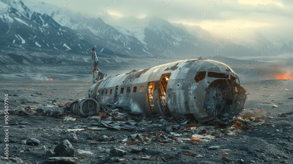 Crashed airplane wreck with destroyed debris and damaged fuselage set ...