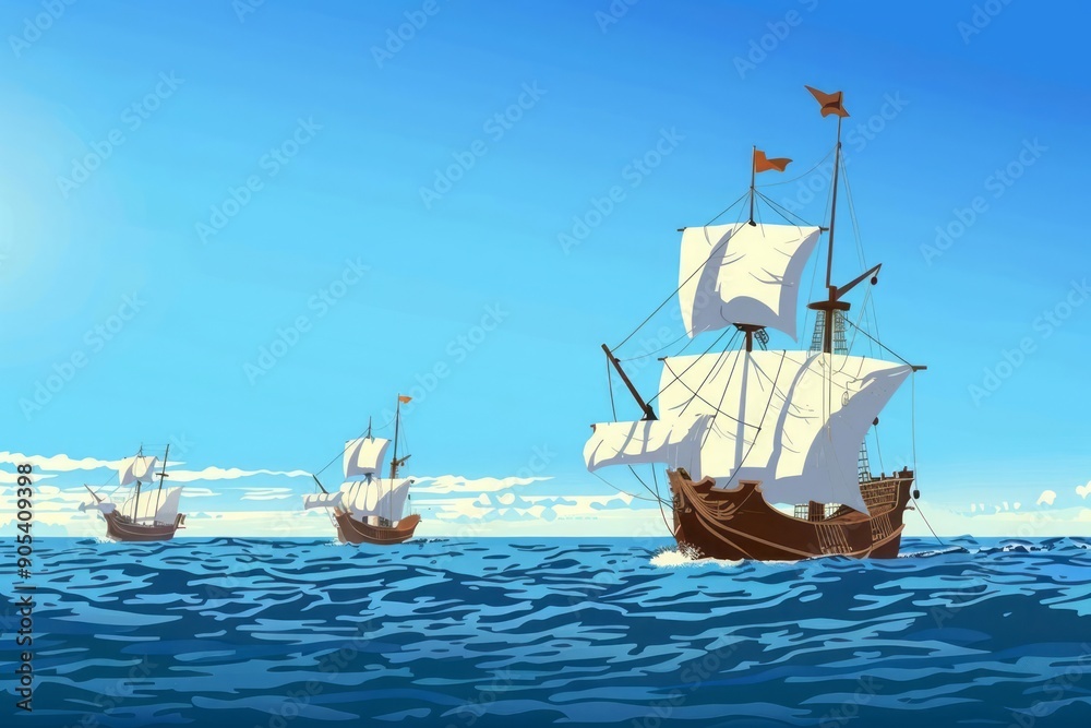 A detailed illustration of Christopher Columbus ships, the Nina, the ...