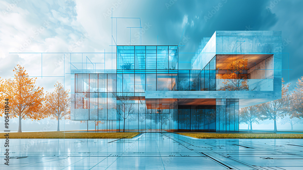 Modern architectural design blending real-life glass building with ...