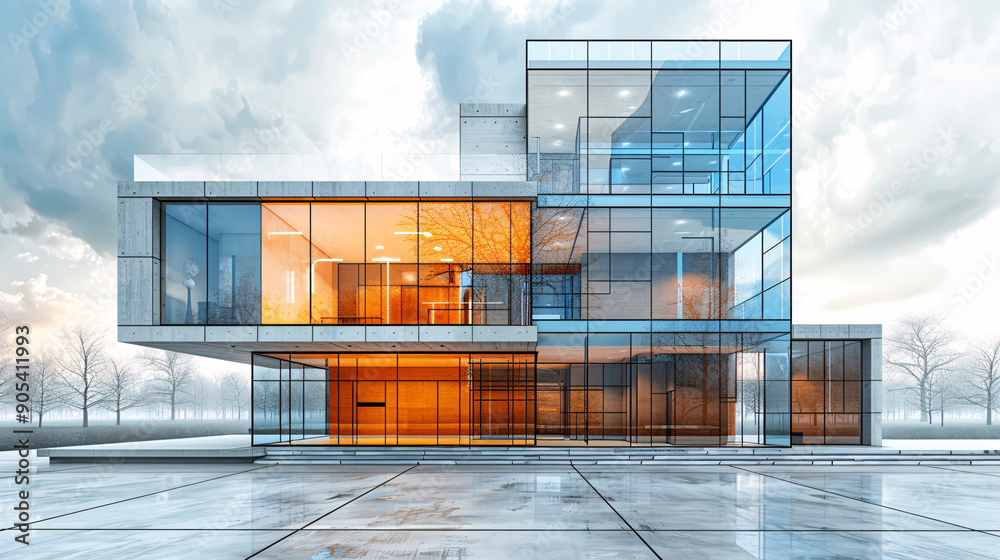 Modern architectural design blending real-life glass building with ...