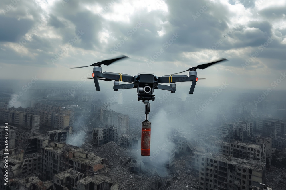 Loitering munition UAV drone with explosive flying over ruined city at ...