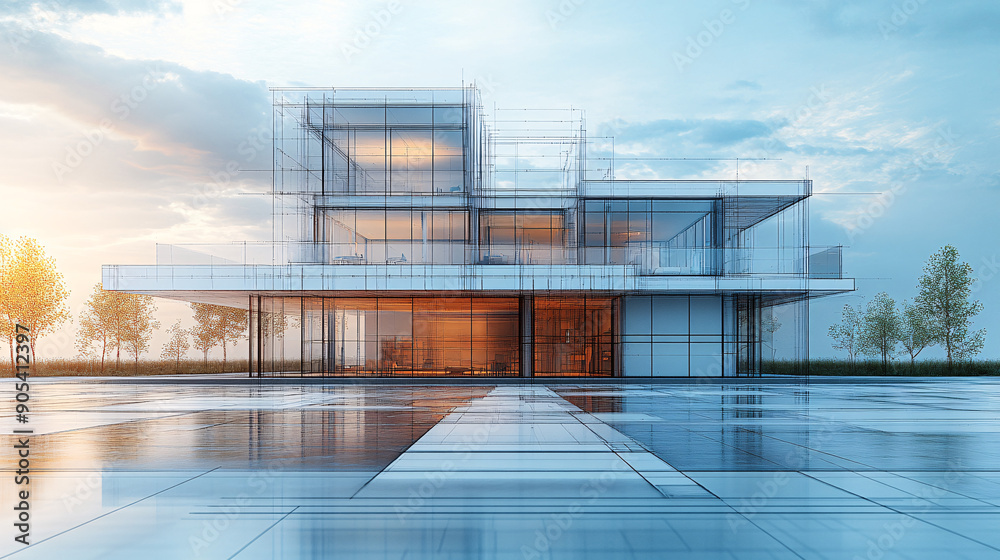 Modern architectural design blending real-life glass building with ...