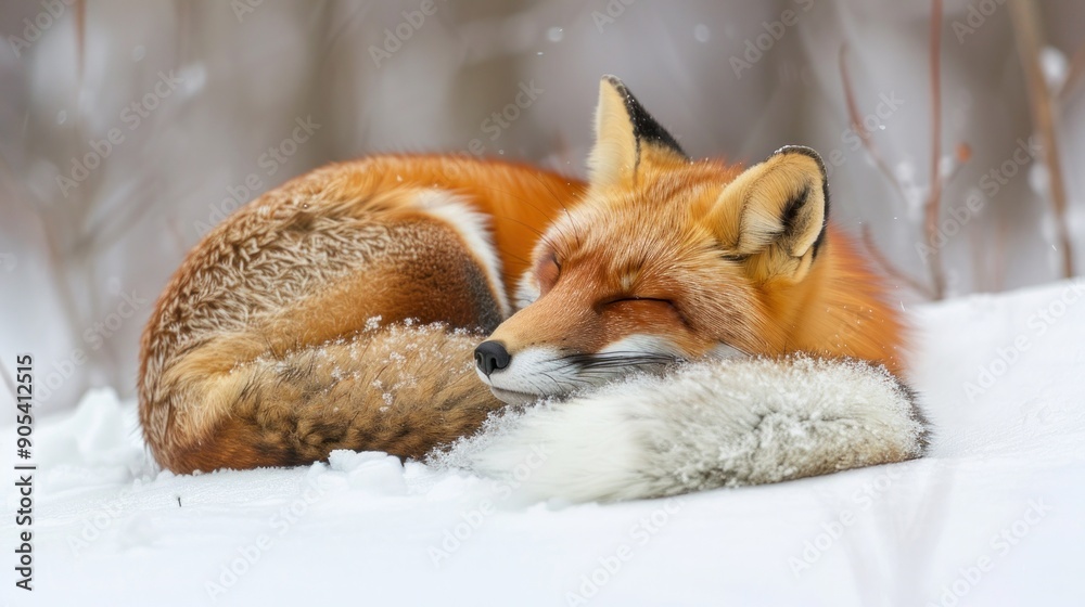 A cute red fox is sleeping in the snow banner design with empty copy ...