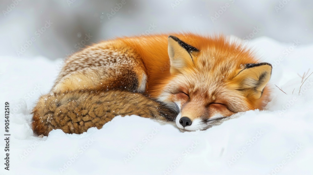 A cute red fox is sleeping in the snow banner design with empty copy ...