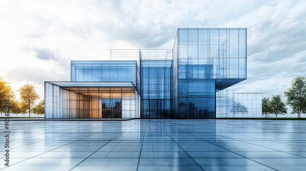 Modern architectural design blending real-life glass building with ...