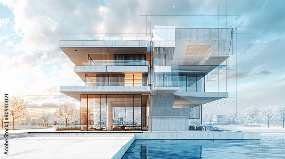 Modern architectural design blending real-life glass building with ...