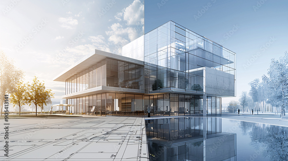 Modern architectural design blending real-life glass building with ...