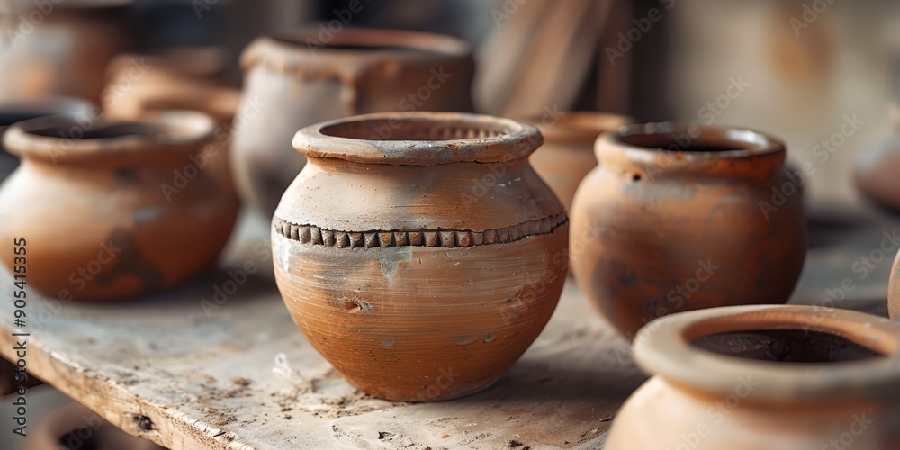 A collection of old clay pots sit on a table. The pots are of various ...