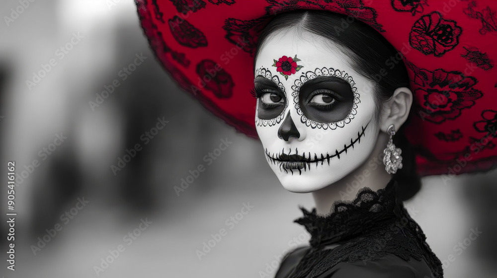 Striking Female Portrait of Dia de los Muertos La Catrina with Elegant ...