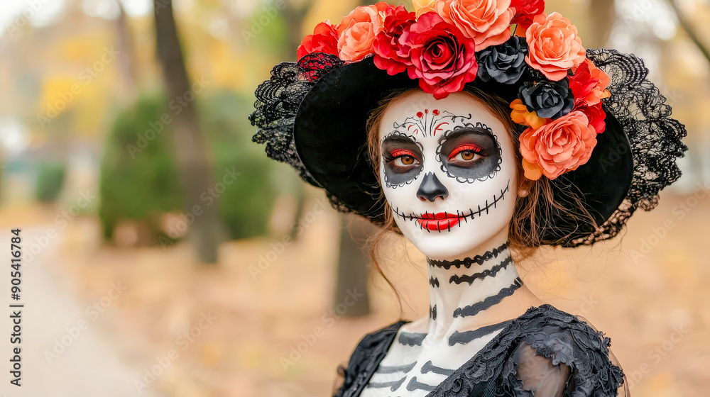Striking Female Portrait of Dia de los Muertos La Catrina with Elegant ...