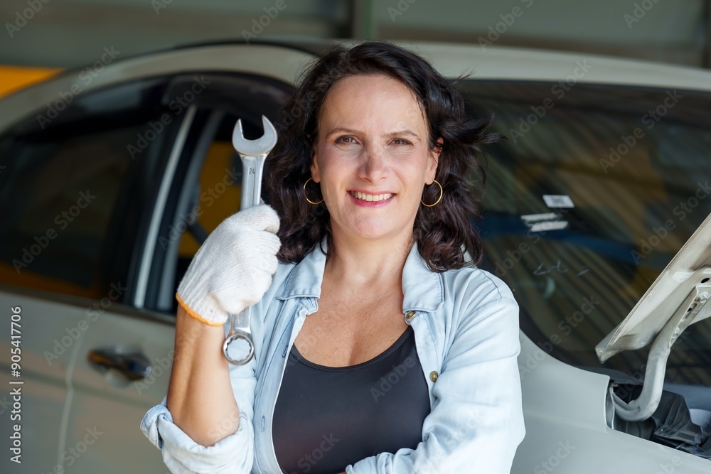 Caucasian woman adult mechanic smiling holding wrench standing near car ...