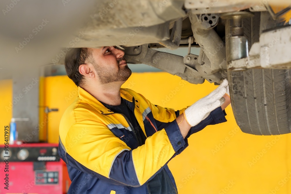 Male mechanic wearing uniform inspecting car's undercarriage inside ...