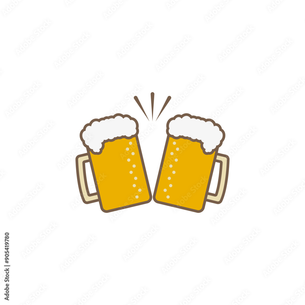 Two beer mug icon with yellow light beer. Clink, cheers and toasting ...