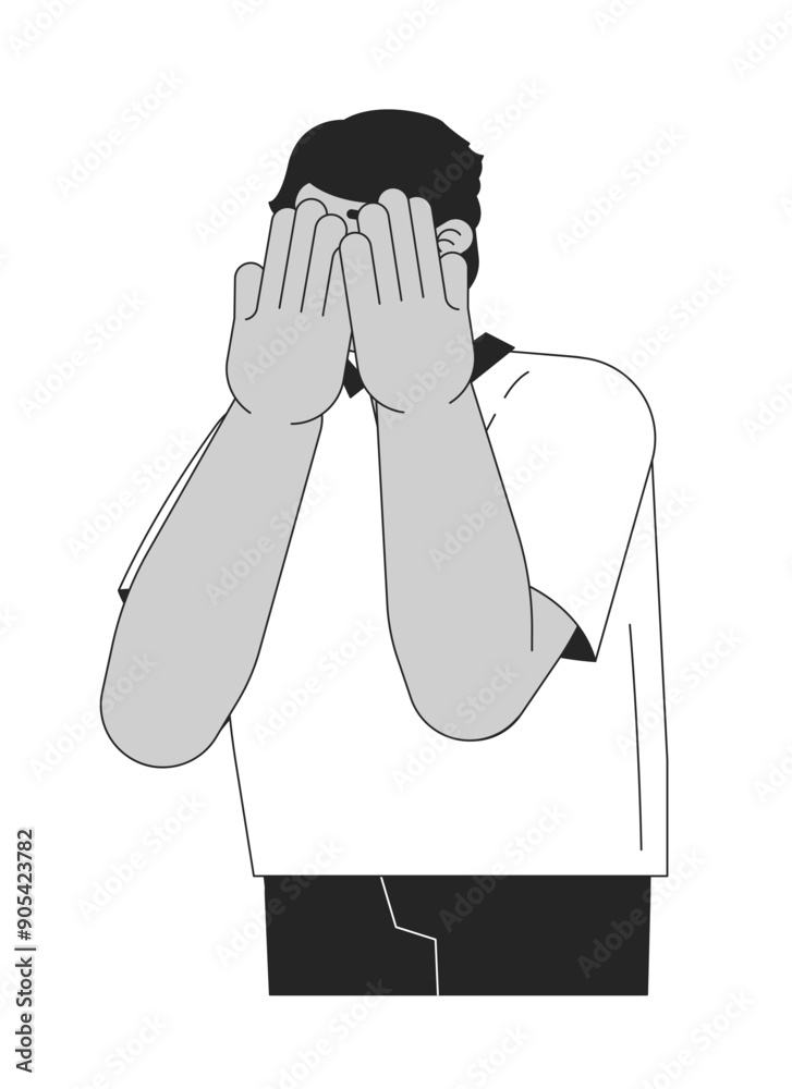 Arab man covering eyes depressed black and white 2D line cartoon ...