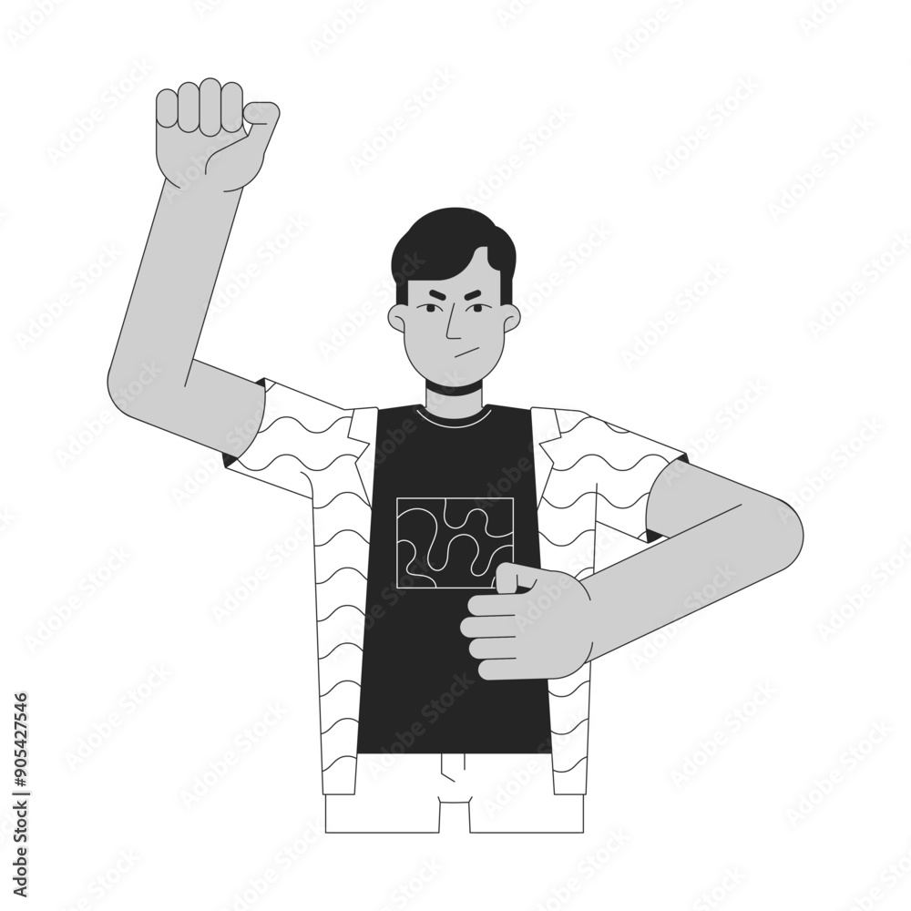 Fist raised indian man activist black and white 2D line cartoon ...