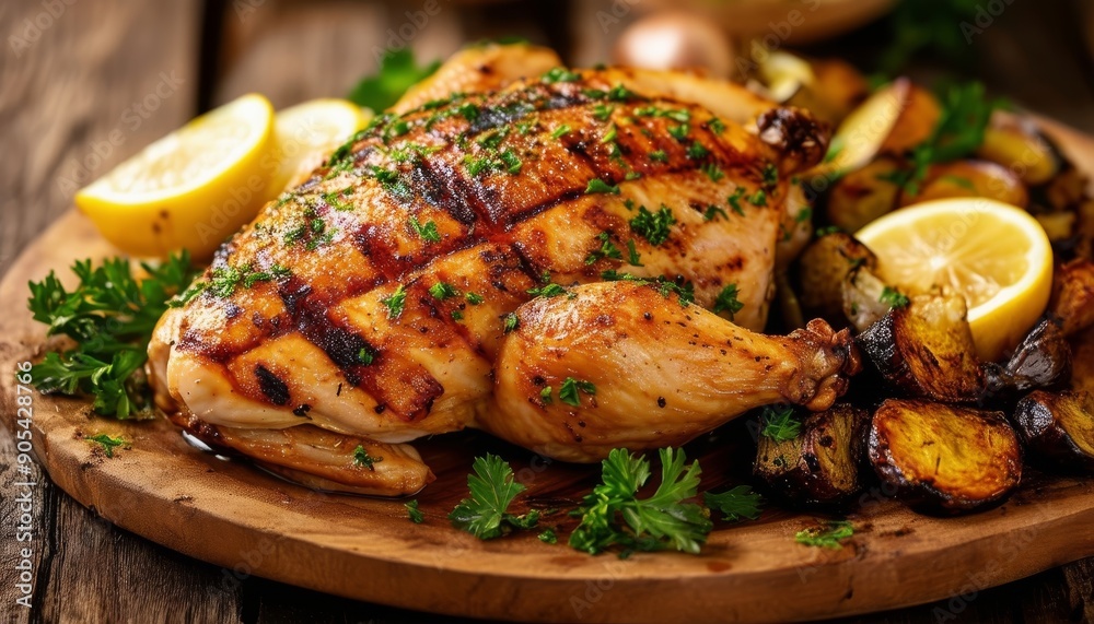 Pollo asado entero servido con papas asadas y rodajas de limón en una ...