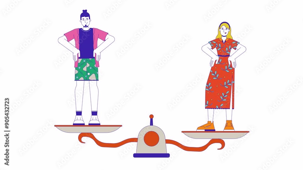 Gender equality balance line 2D animation. Caucasian woman man scales ...