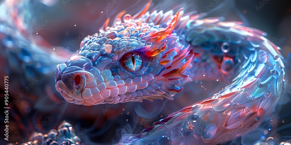 A blue and red dragon with a long tail. The dragon has a fiery look on ...