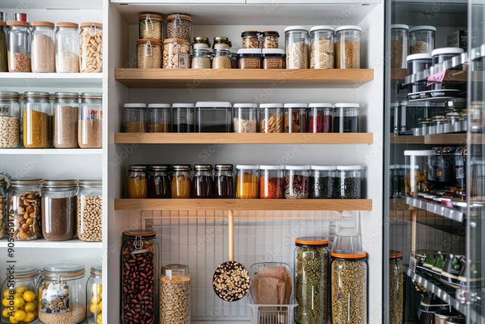 A well organized pantry with labeled shelves, clear containers, and ...