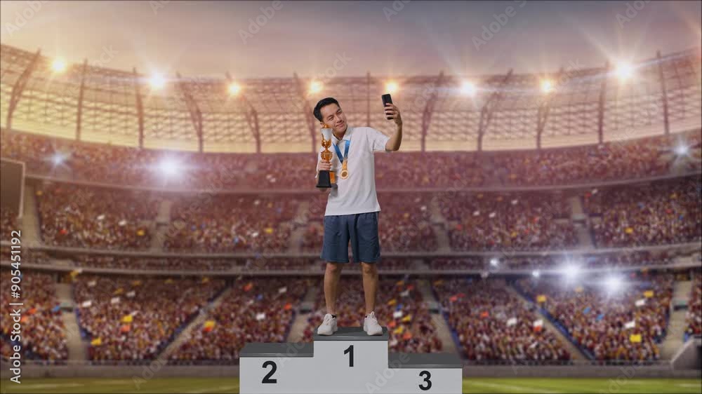 Full Body Of Asian Man With A Gold Medal Holding A Gold Trophy And ...