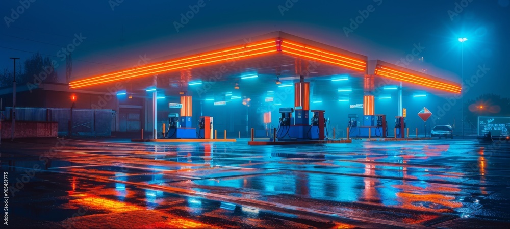 Neon-Lit Gas Station at Night, Pulsating with Blue and Orange Lights ...