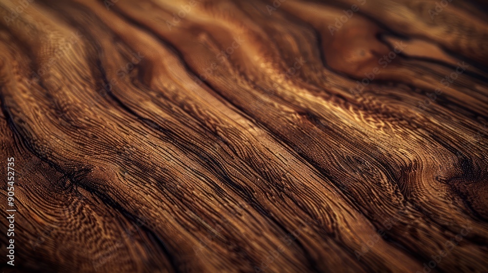 Polished timber surface texture. Rich, dark brown wood grain with a ...