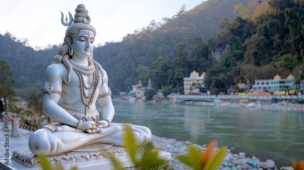White statue of Lord Shiva meditating on the bank of River Ganga in ...