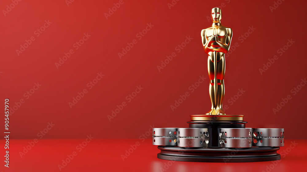 Golden film award statue on a reel base against red background with ...